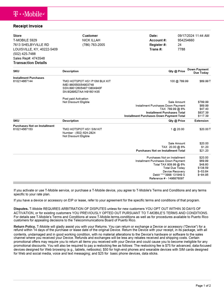 T Mobile Bill Statement PDF | PDF | T Mobile Us | Receipt
