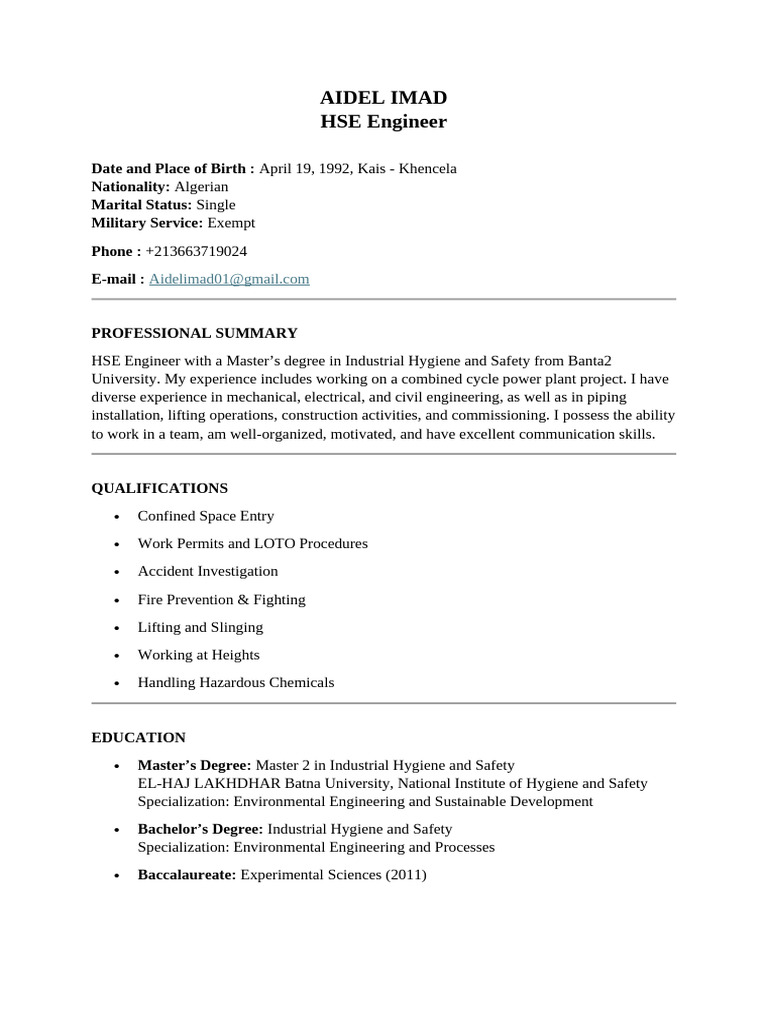 HSE Engineer Profile: Aidel Imad | PDF