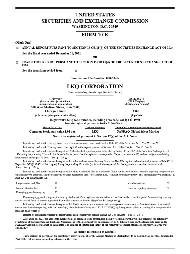 LKQ Corporations 2021 Form 10 K | PDF | Scrap | Recycling