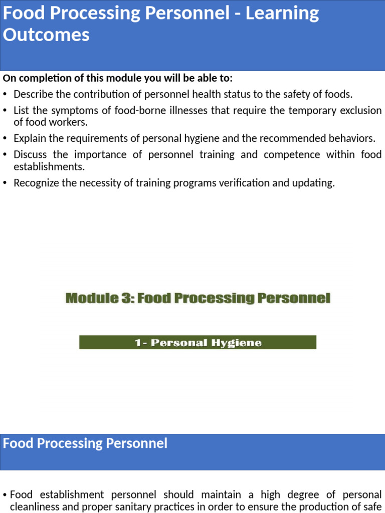 Module 3 Food Processing Personnel | PDF | Hand Washing | Food Safety