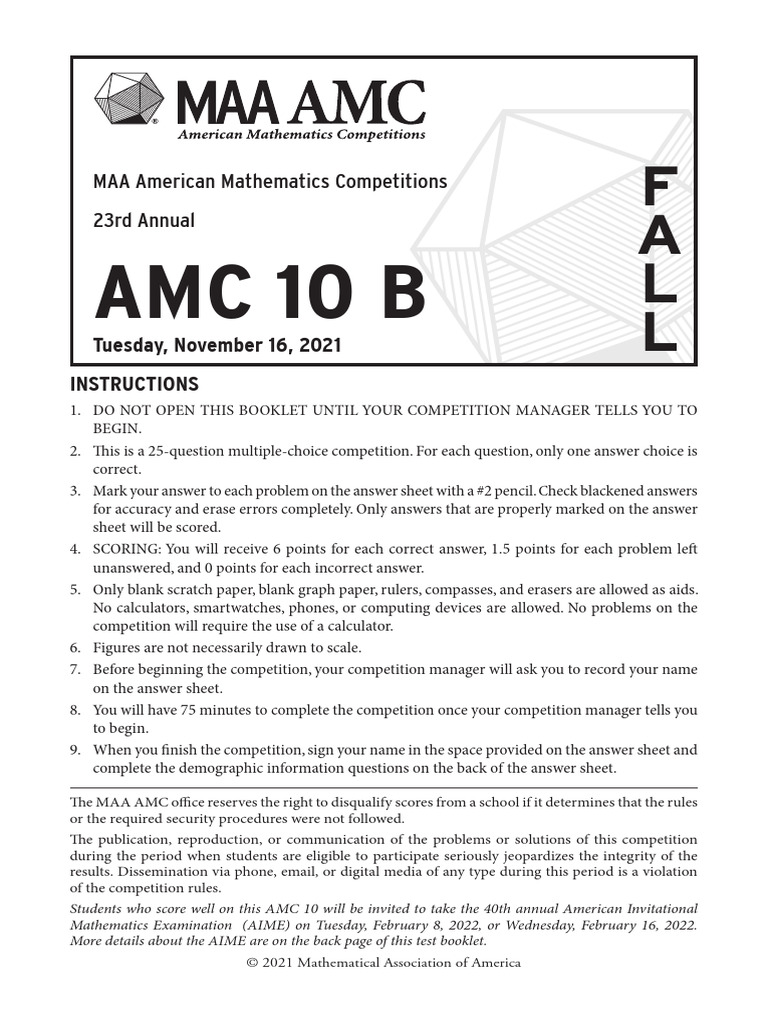 2021 AMC Fall 10B Problems | PDF | Triangle | Circle