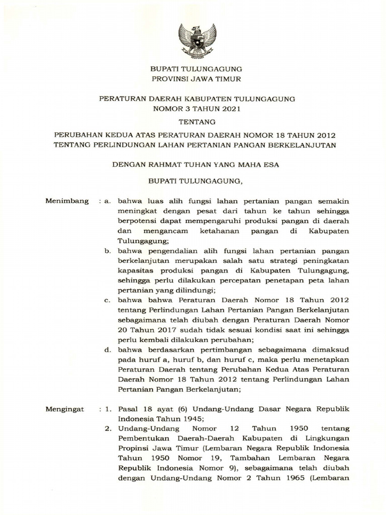 PERDA NOMOR 3 TAHUN 2021 TENTANG PERUBAHAN KEDUA ATAS PERDA 18 TAHUN 2012 TTG PERLINDUNGAN LAHAN ...
