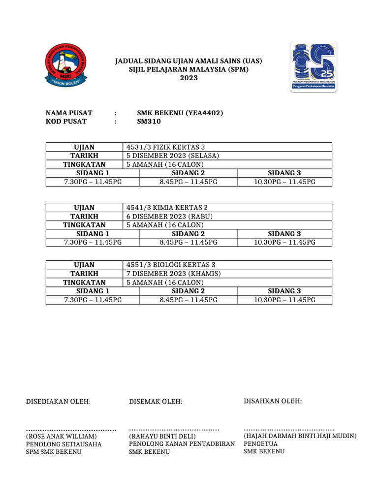 Jadual Ujian Amali Sains SPM 2023 | PDF