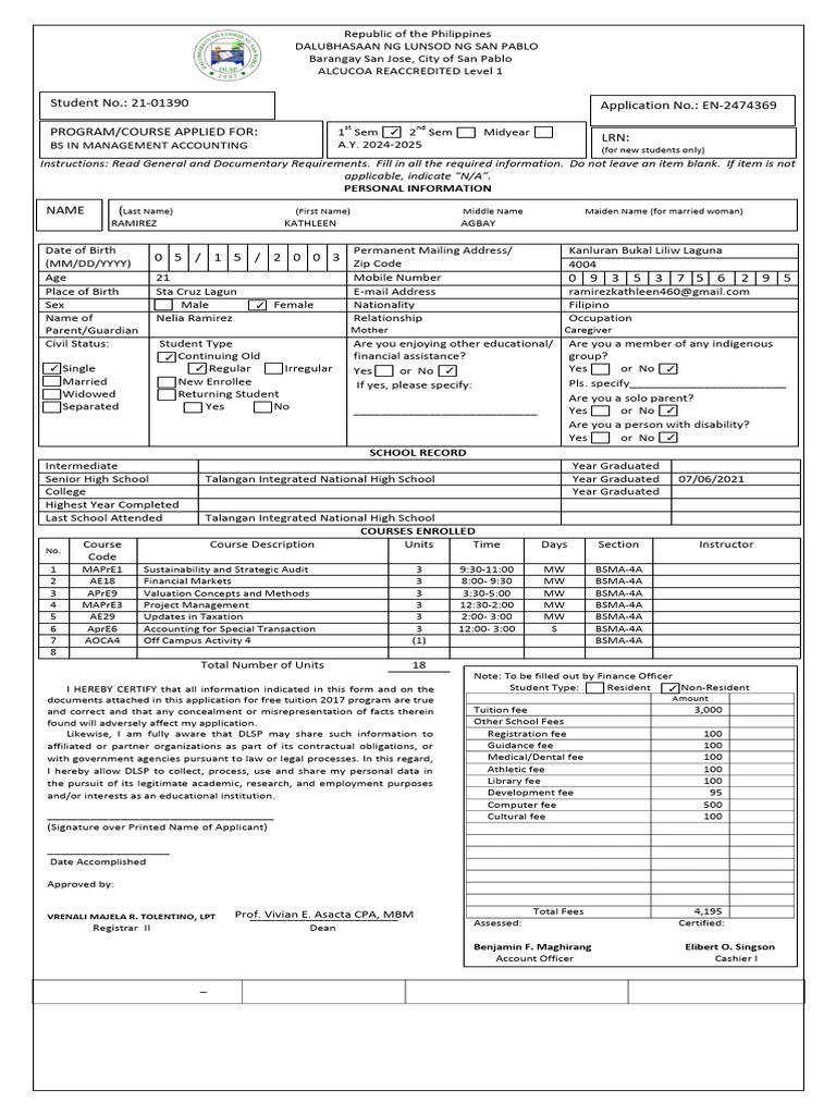 Application No.: EN-2474369 Program/Course Applied For: LRN: Student No ...