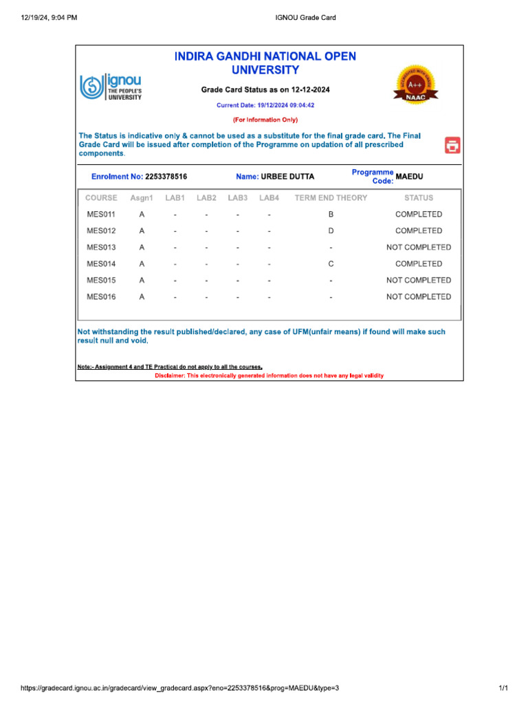 Maedu Grade Card | PDF