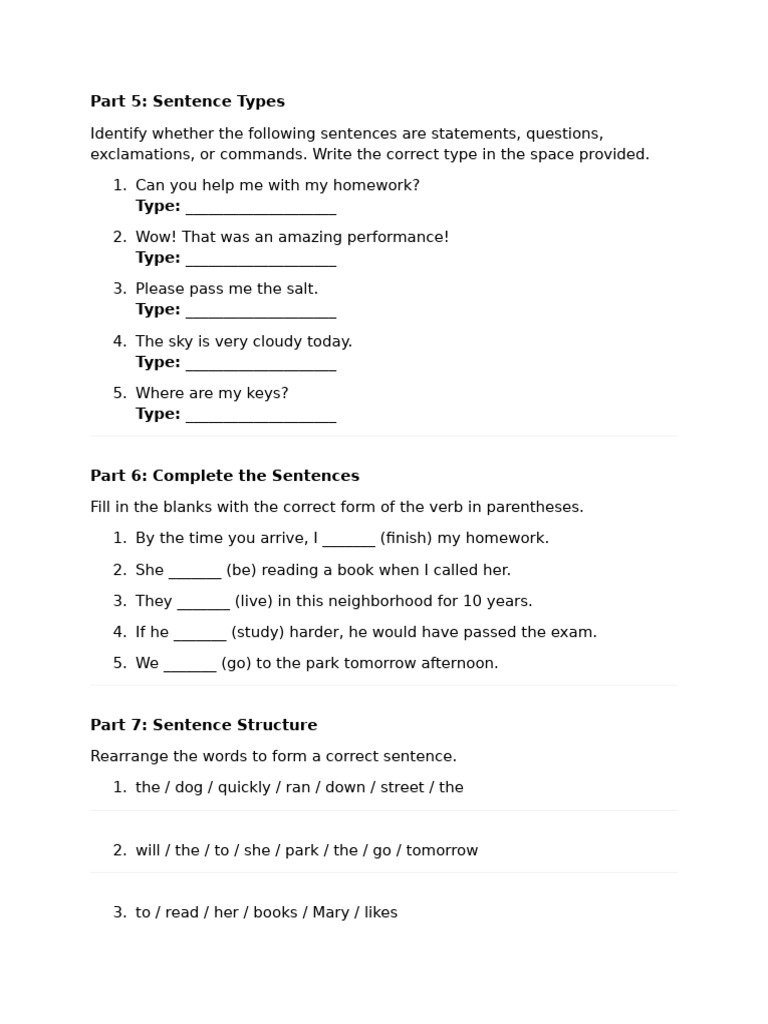 Sentence Types and Structure Exercises | PDF
