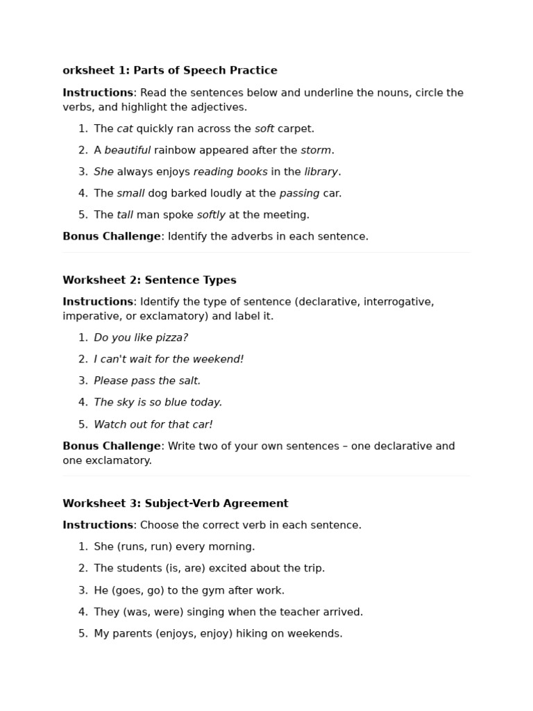 Parts of Speech and Sentence Structure Worksheets | PDF