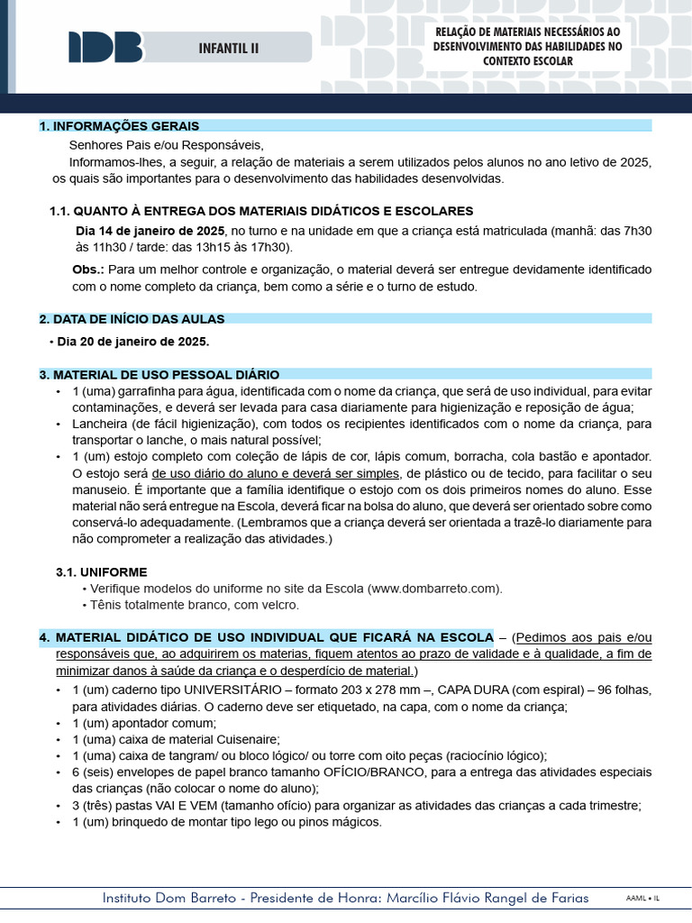 Infantil II - Relação de Materiais Didáticos - AAML - 2025 | PDF