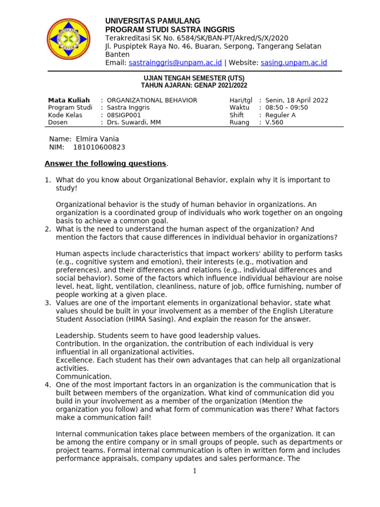 UTS Organizational Behavior Overview | PDF | Cognitive Science | Applied Psychology