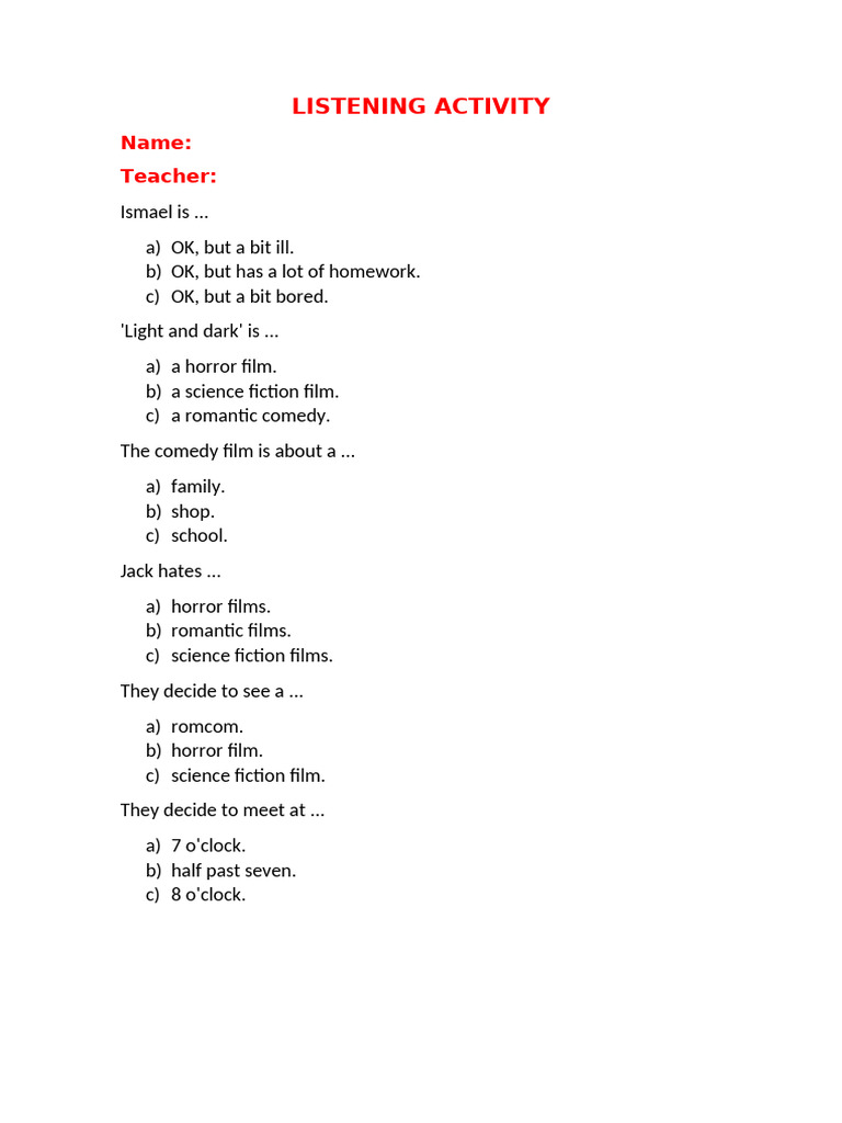 Listening Activity: Film Preferences Quiz | PDF