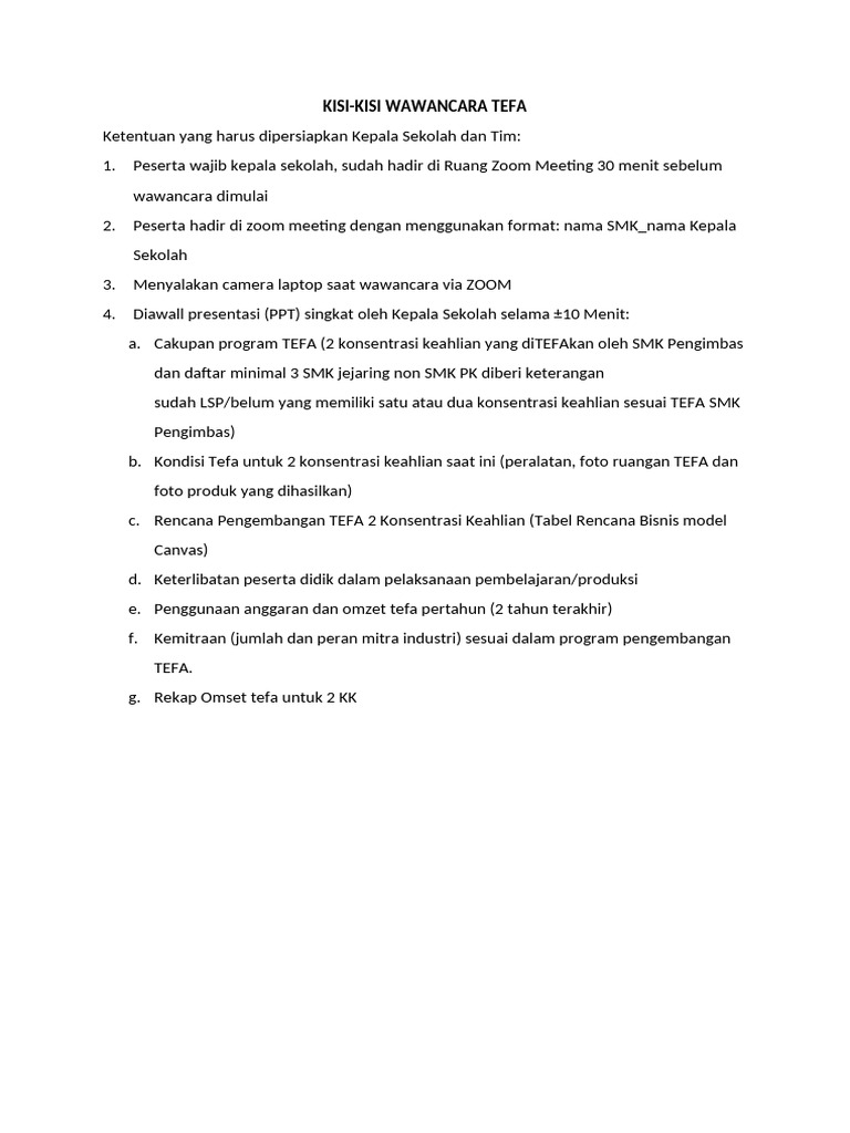 KISI-KISI WAWANCARA TEFA | PDF