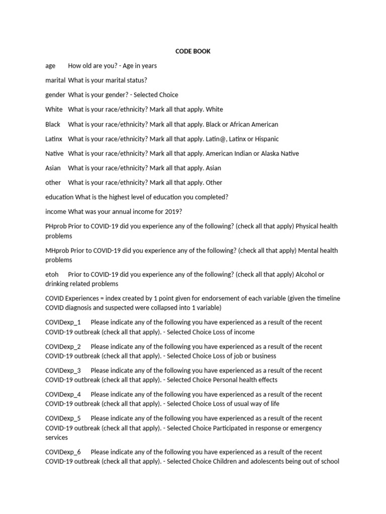 COVID Behavioral Health Codebook | PDF | Diseases And Disorders | Human ...