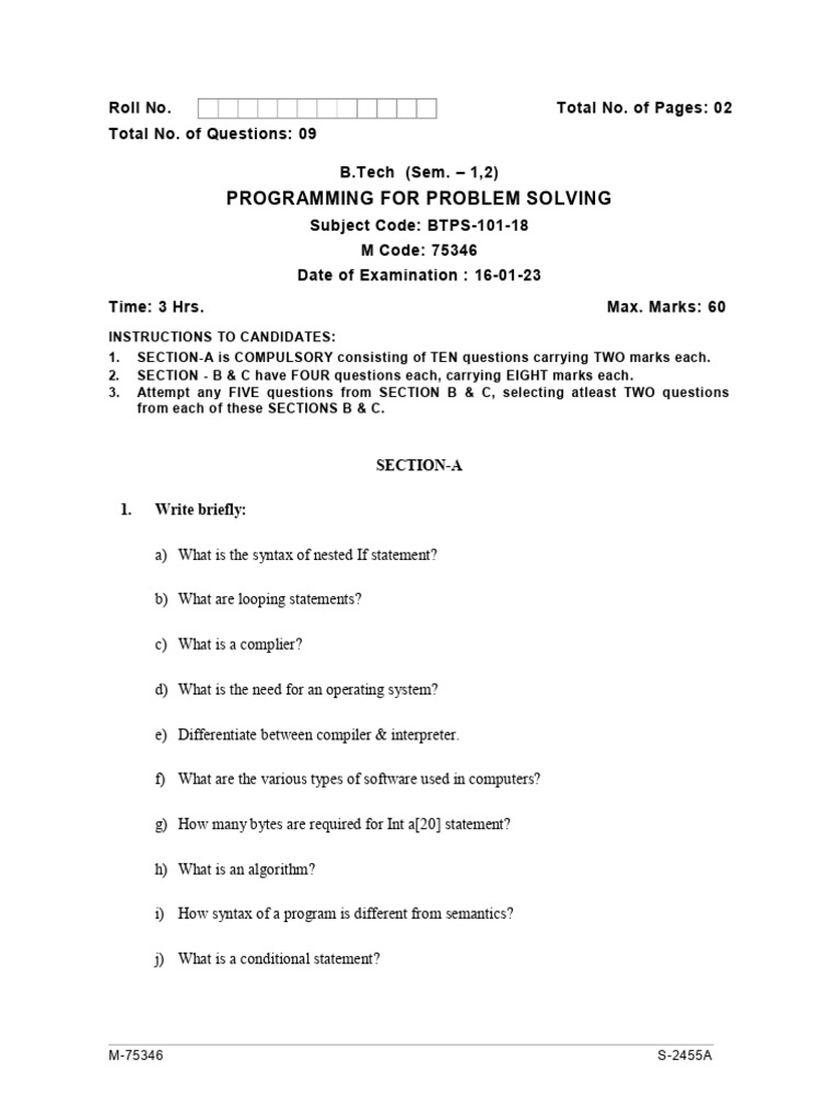 Btech 1 Sem 2 Sem Programming For Problem Solving 75346 V2 Jan 2023 Pdf Computer Program
