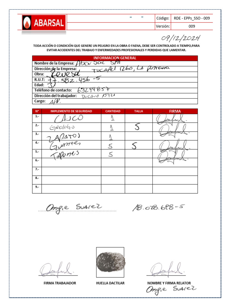 Registro de Entrega - RDE - EPPs - SSO - 009.pdf 1 | PDF