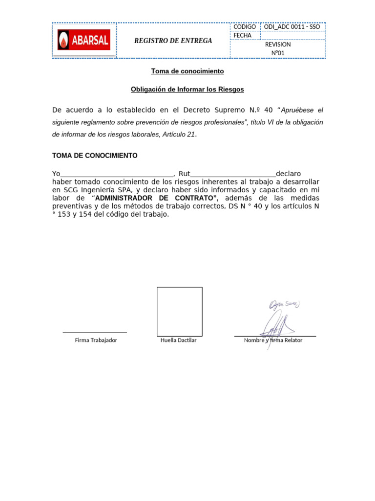 Registro de Entrega de Riesgos Laborales | PDF