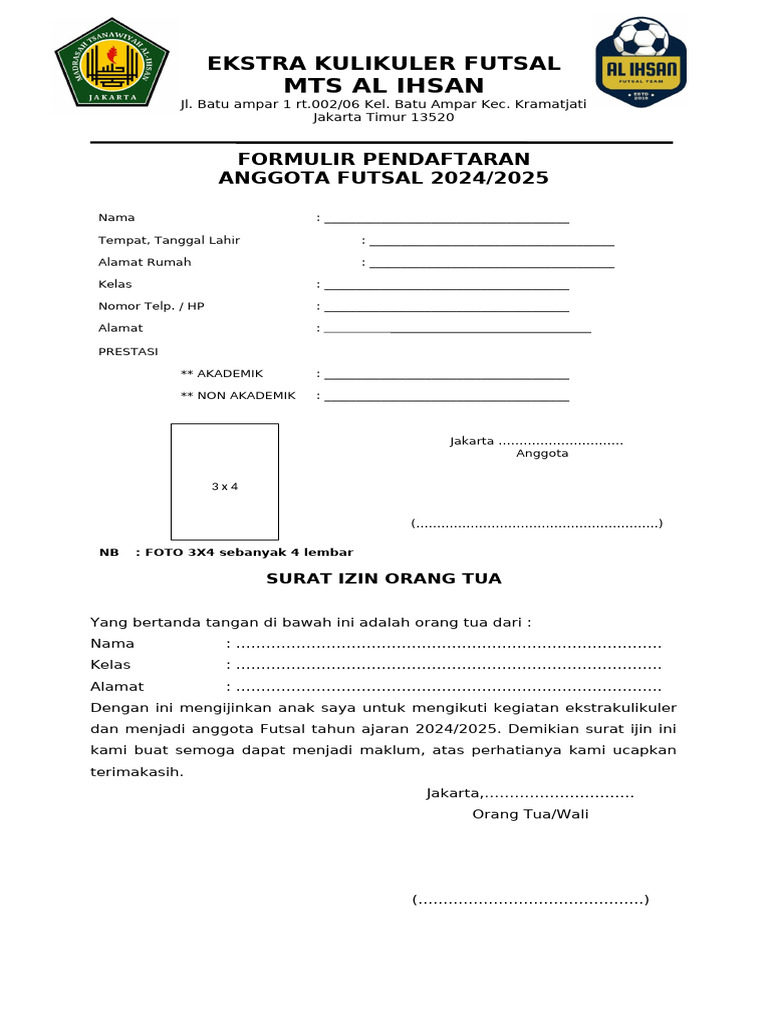 Formulir-Pendaftaran-Anggota Futsal | PDF