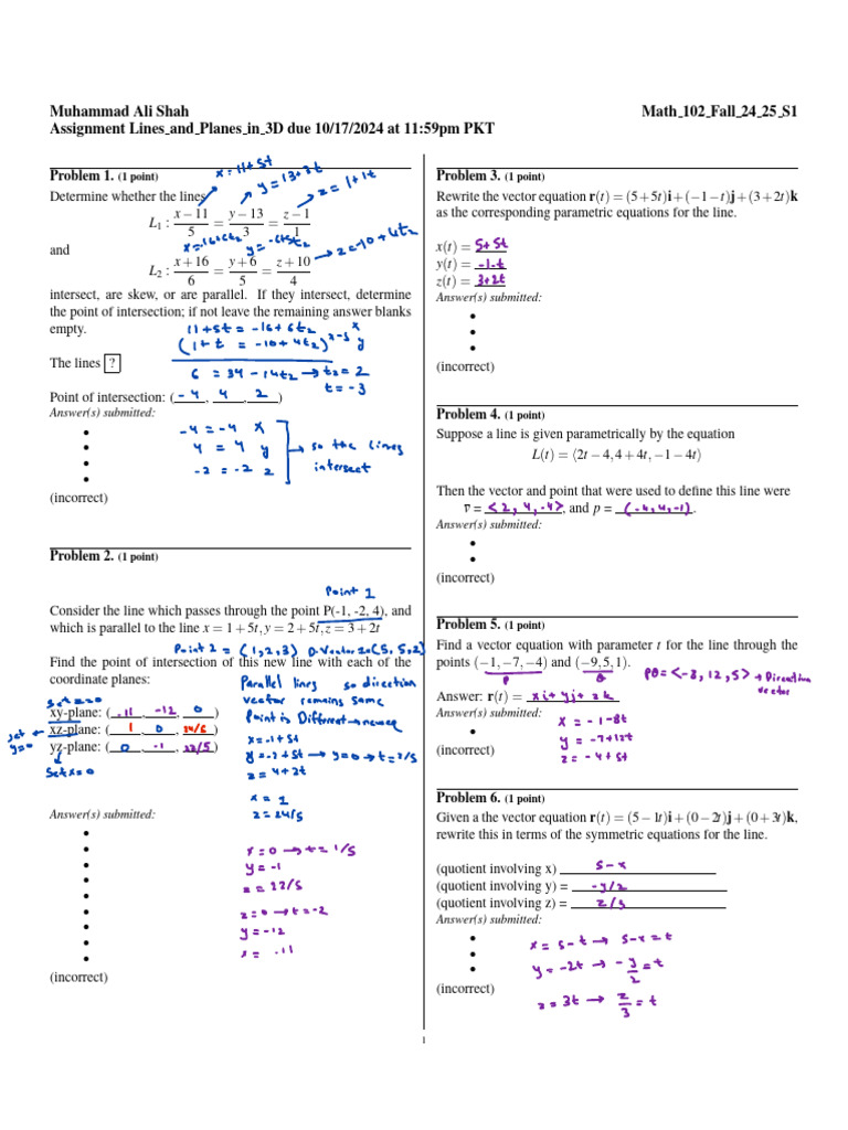 Math 102 Fall 24 25 S1.2027-10-0172.Lines and Planes in 3D | PDF ...