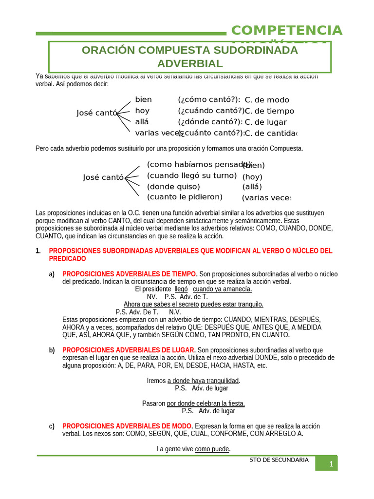 S29 - Contenido Digital - Oración Compuesta Subordinada Adverbial | PDF | Adverbio | Verbo