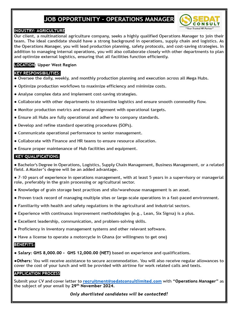 Job - Opportunity - Operations Manager | PDF | Logistics | Supply Chain