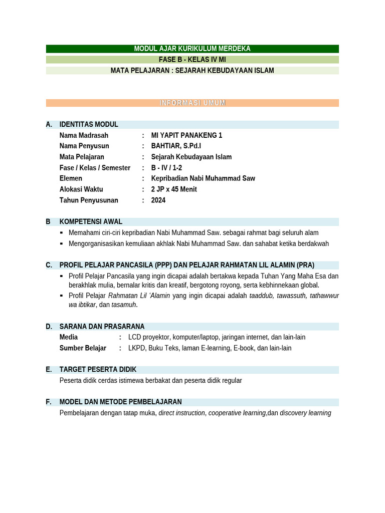 Modul SKI 4 Bab 2 - Kepribadian Nabi Muhammad Saw | PDF