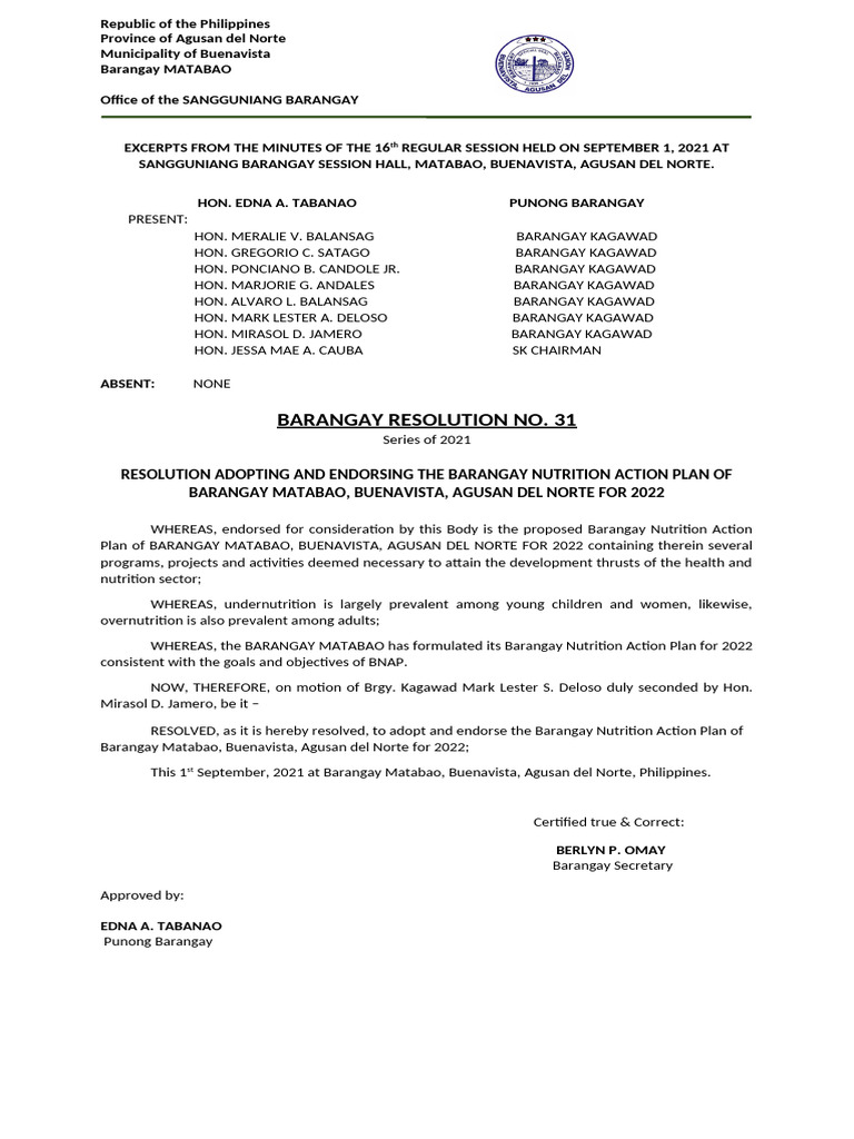 RESOLUTION ADOPTION 2021 BNAP | PDF