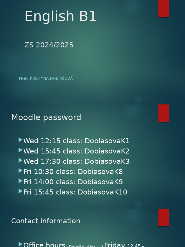 English B1 ZS Intro Information - Course Requirements K. DobiÃ¡Å¡OvÃ¡ 2024-2025 | PDF ...