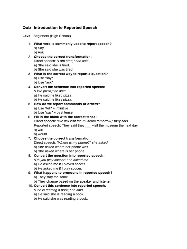 Quiz - Introduction To Reported Speech | PDF