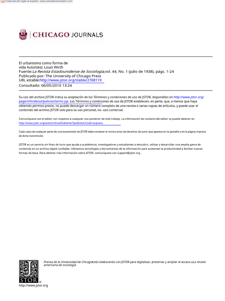 Urbanismo y Vida Urbana según Wirth | PDF