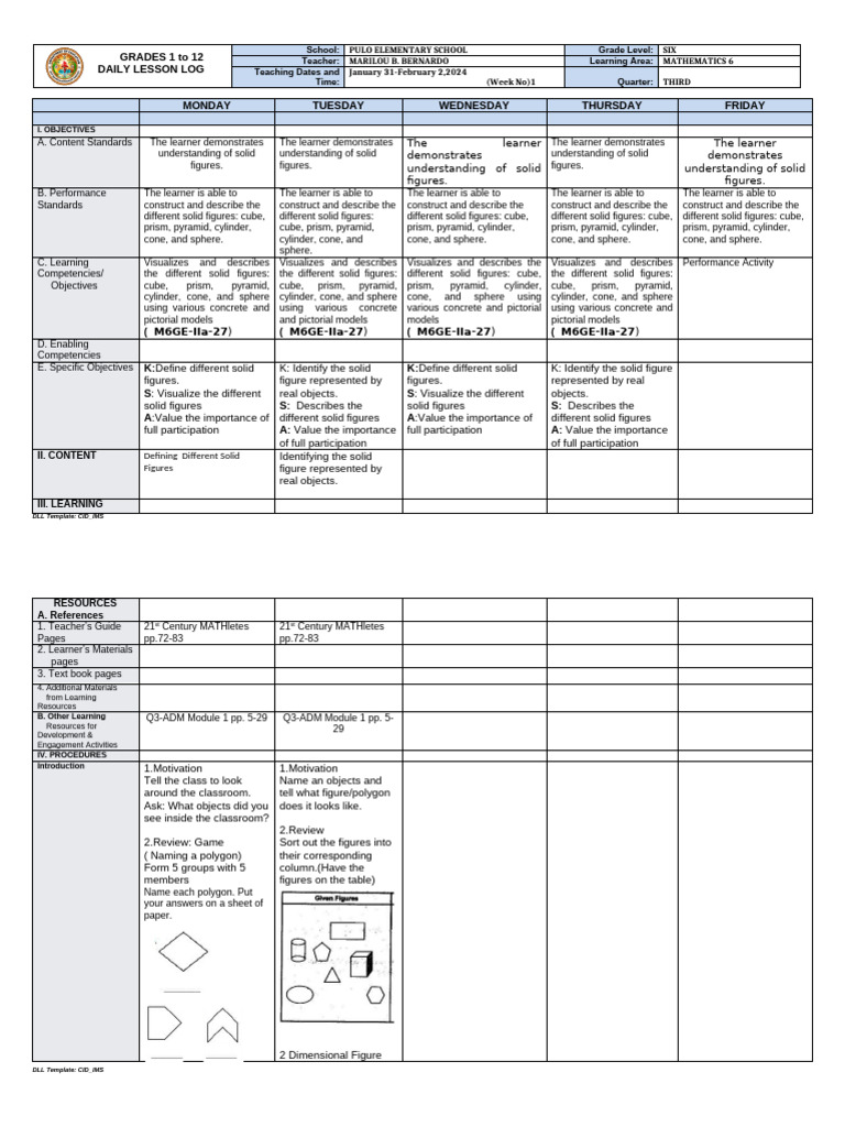 Q3-Week 1 Math DLL | PDF | Vertex (Geometry) | Triangle