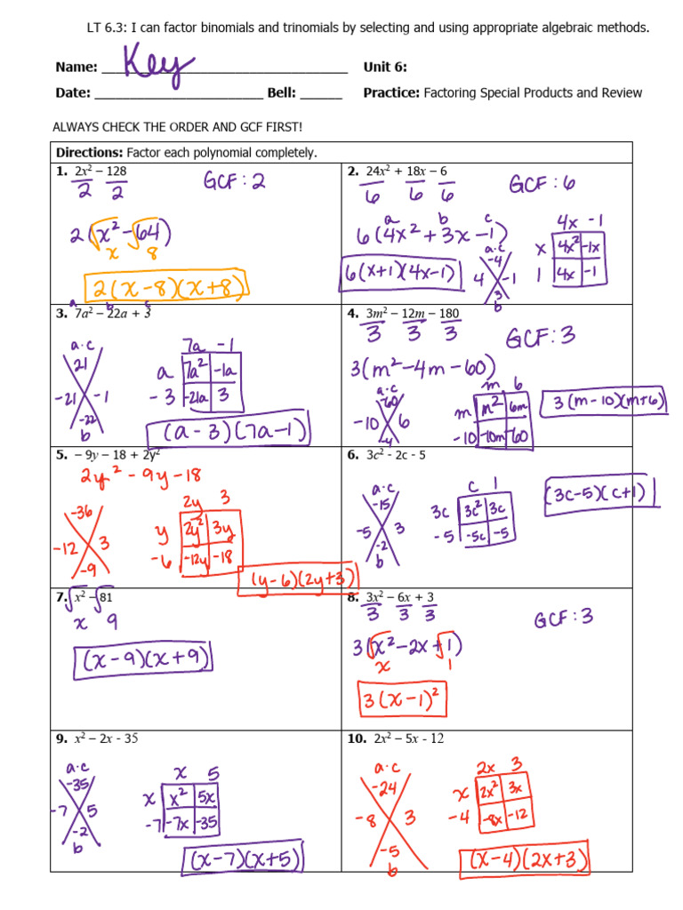 Practice Factoring Special Products KEY | PDF