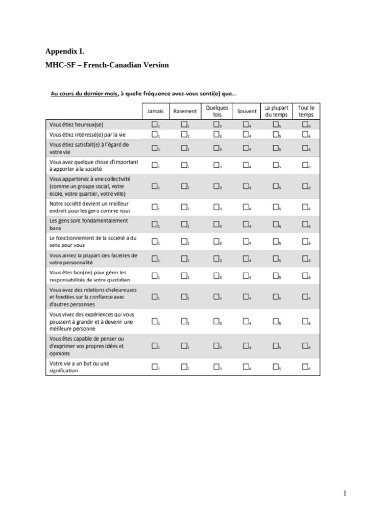 MHC-SF French-Canadian Well-Being Models | PDF