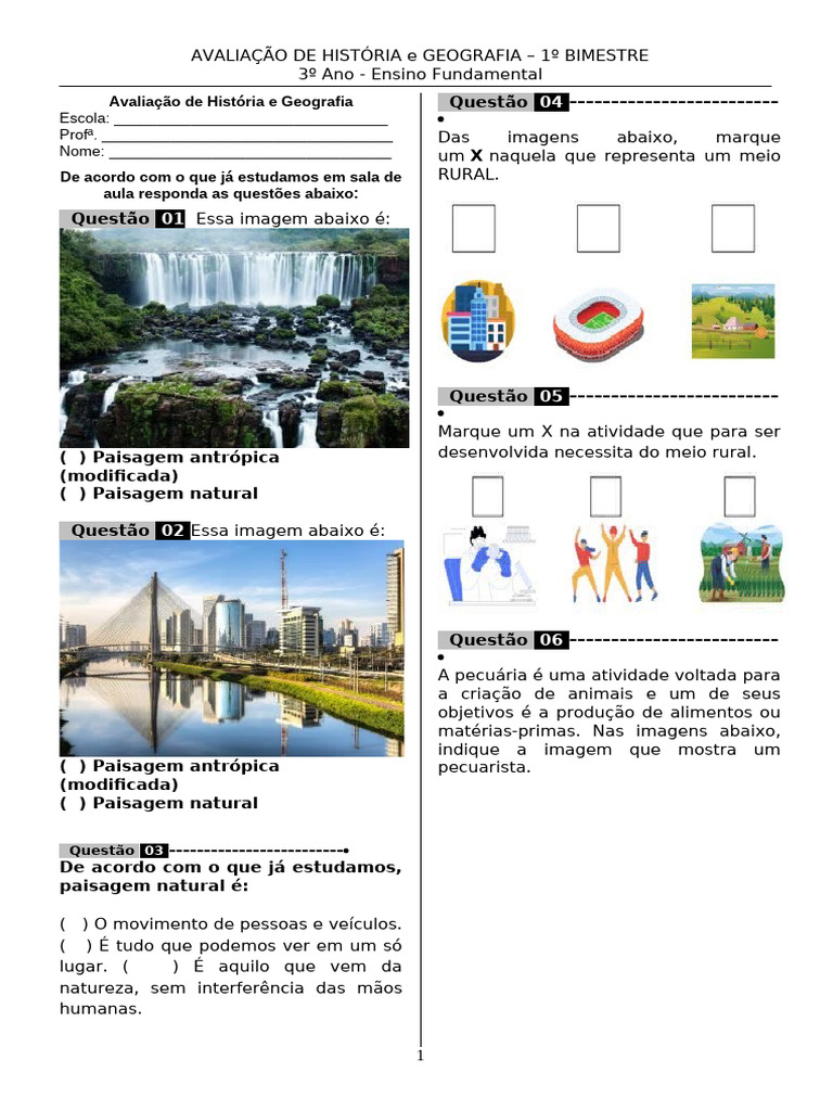Avaliação de História e Geografia 3º Ano | PDF | Imagem | Geografia