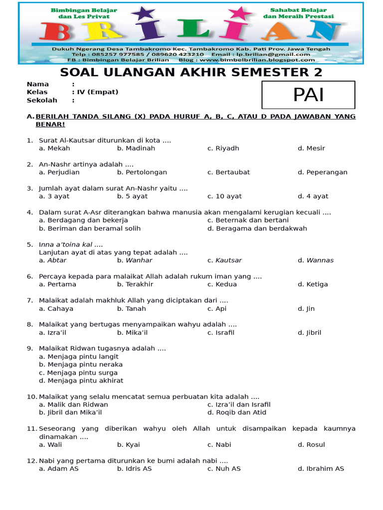Soal UAS PAI Kelas 4 SD Semester 2 Dan Kunci Jawabannya PDF | PDF