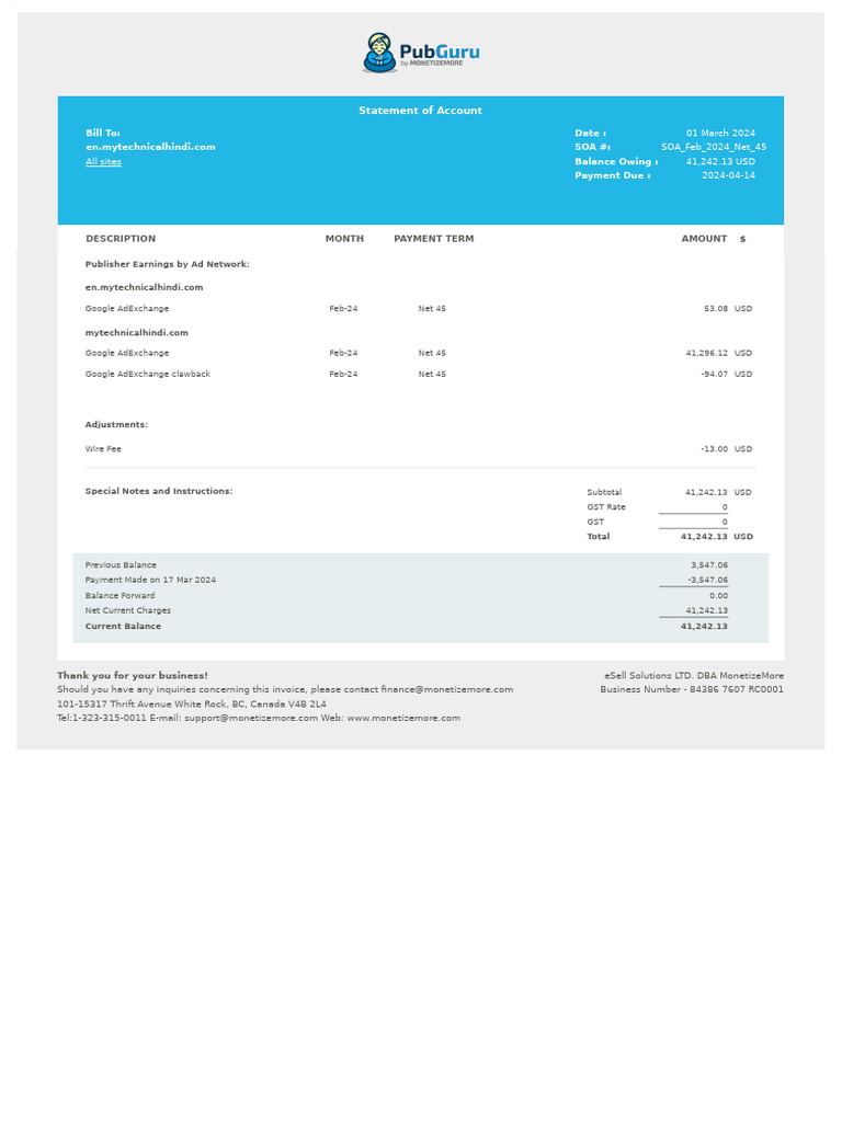 Statement of Account: Bill To: Date: SOA #: Balance Owing: Payment Due ...
