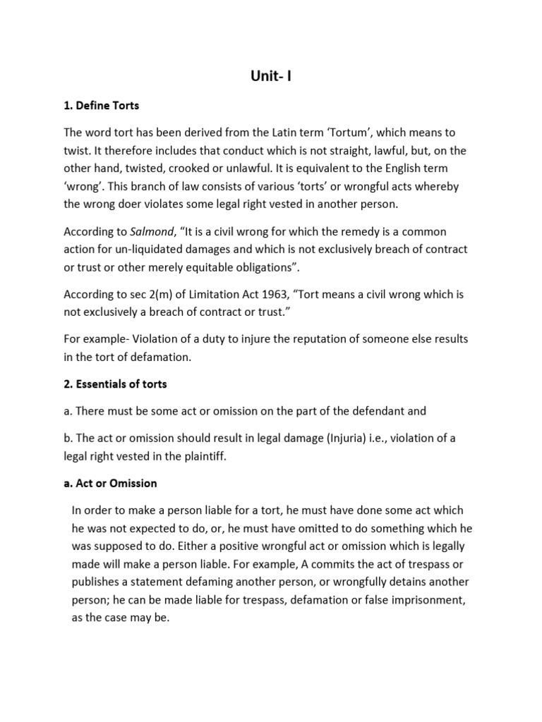 Law of Torts I Unit Notes | PDF | Tort | Legal Remedy