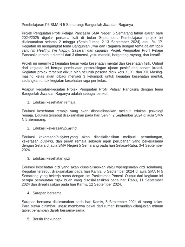 Pembelajaran P5 SMA N 5 Semarang | PDF