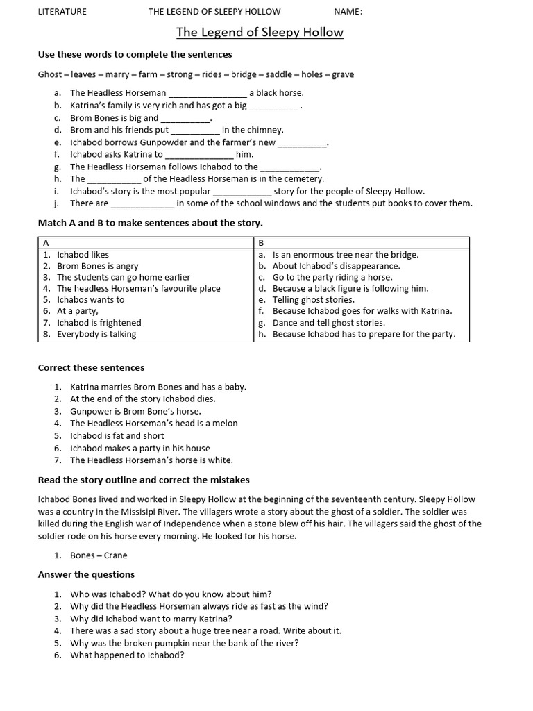 The Legend of Sleepy Hollow ACTIVITIES | PDF | The Legend Of Sleepy ...