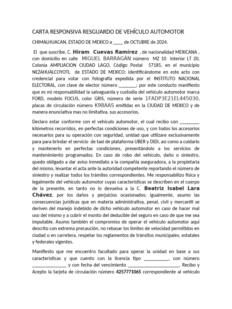 Carta Responsiva de Vehículo Uber/DIDI | PDF | México | Vehículos