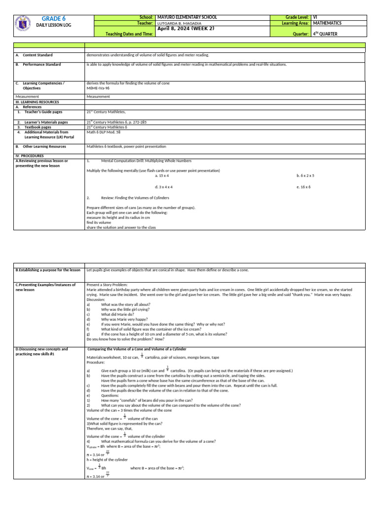 DLL g6 q4 Week 2 Math 6 | PDF | Volume | Area