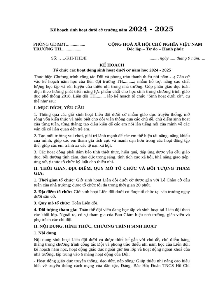 Mau Ke Hoach Sinh Hoat Duoi Co | PDF