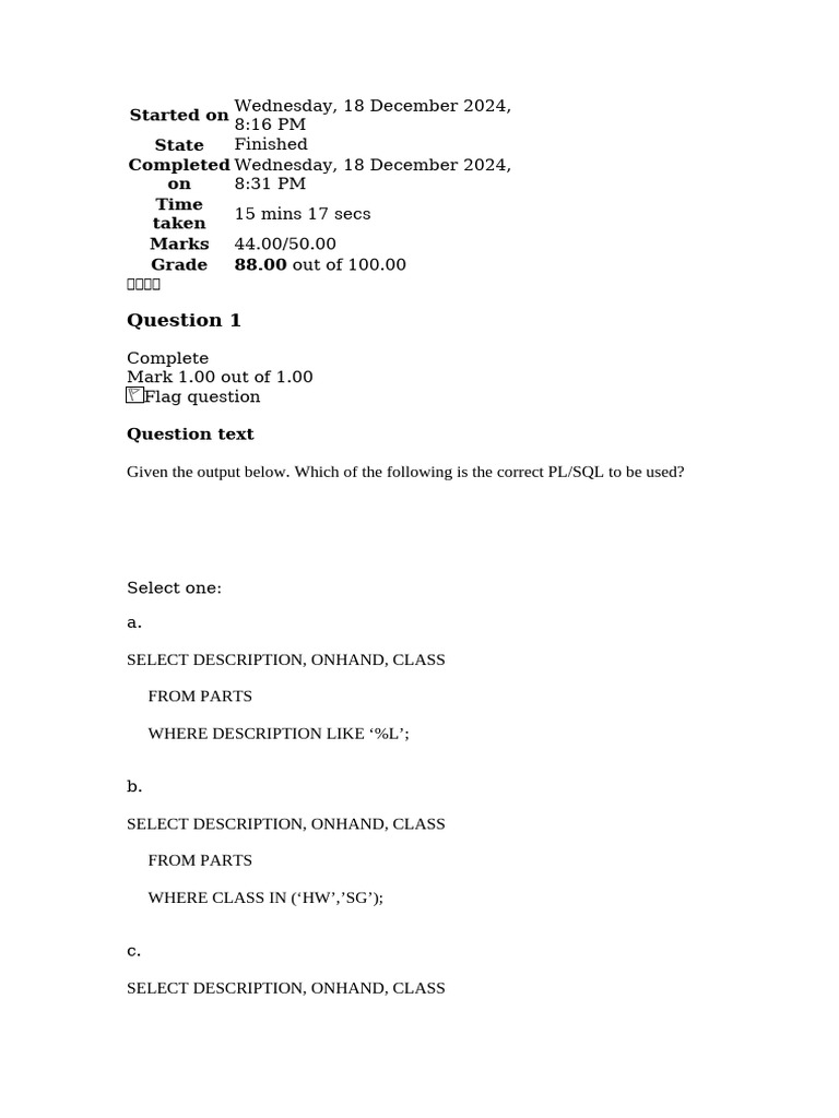 PL/SQL Quiz Results and Queries | PDF | Databases | Data Management