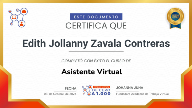 CERTIFICADO ASISTENTE VIRTUAL Edith Jollanny Zavala Contreras | PDF