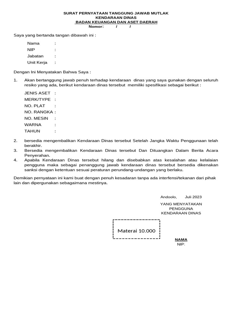 contoh format SPTJM kendaraan dinas | PDF