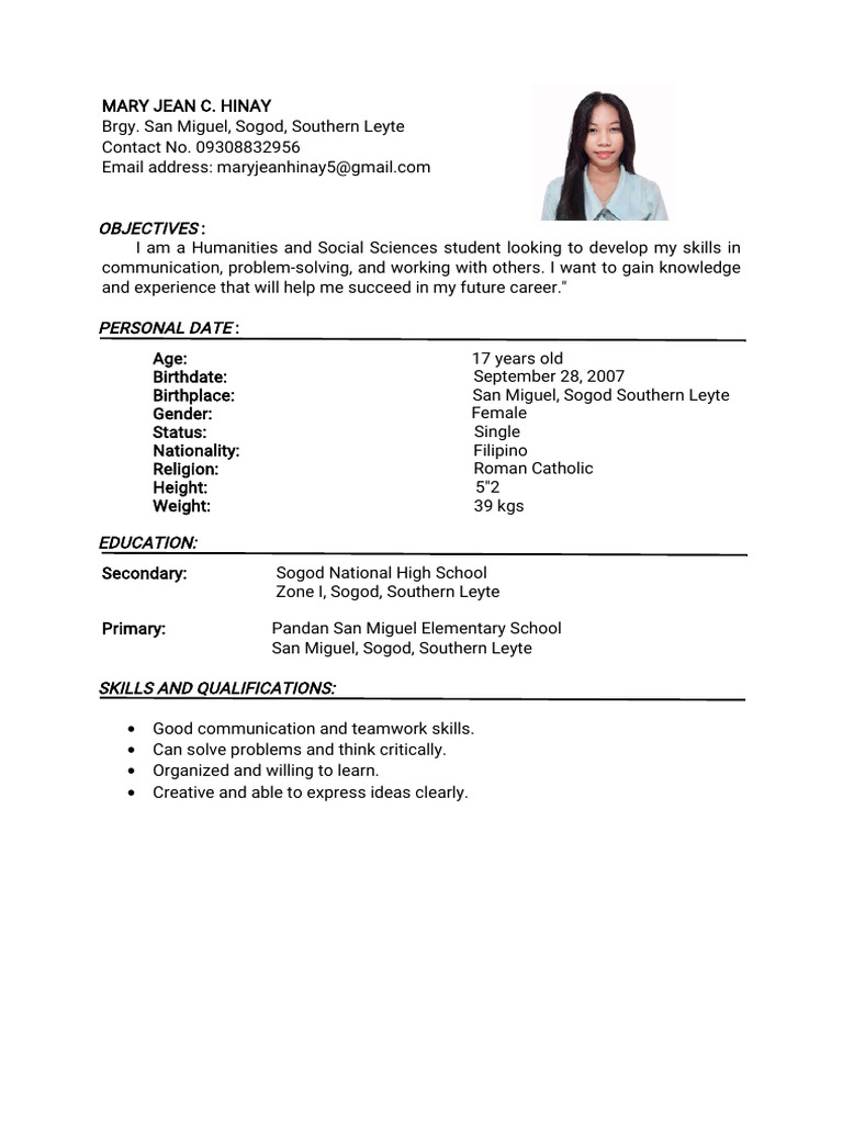 Resume of Mary Jean C. Hinay | PDF
