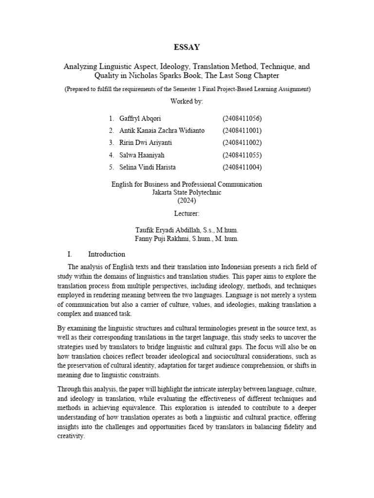 Essay-Analyzing Linguistic & Translation Aspect | PDF | Translations ...
