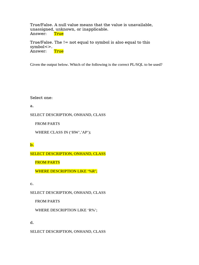 SQL and PL/SQL True/False and Multiple Choice Quiz | PDF | Computer ...