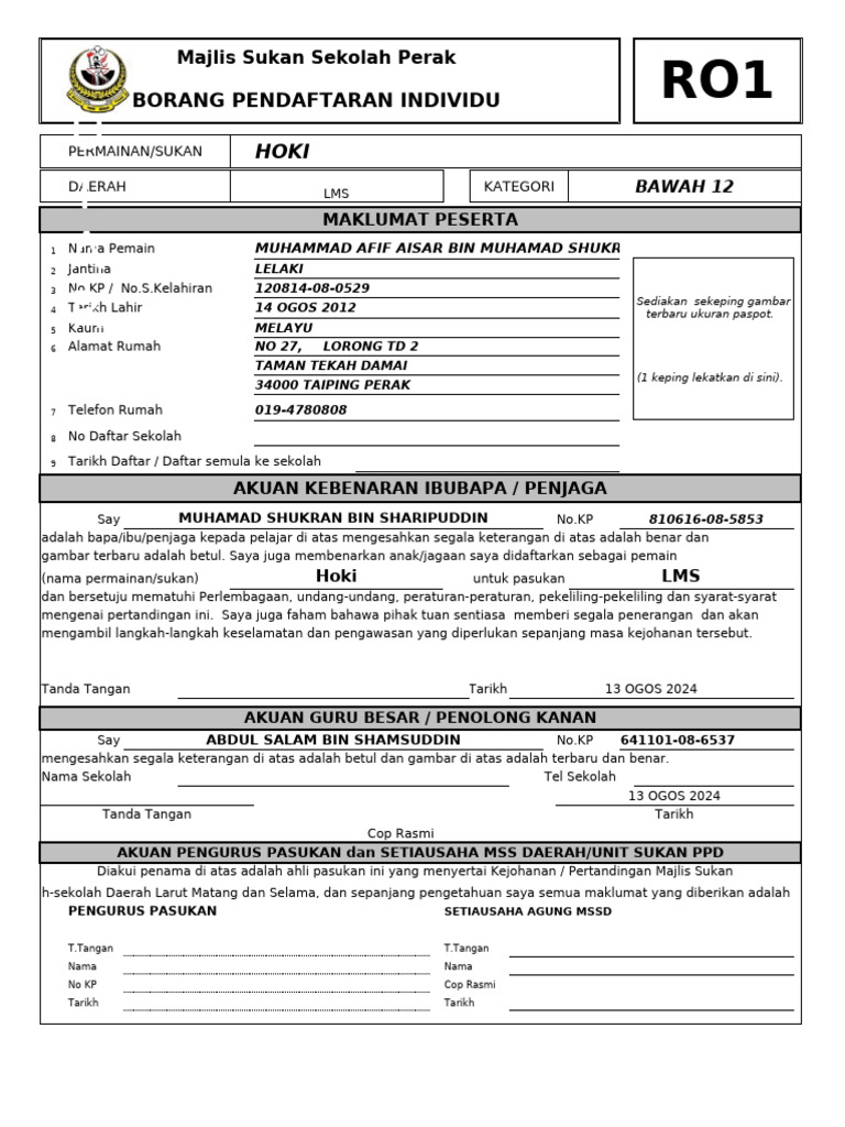 Borang R01 Hoki | PDF