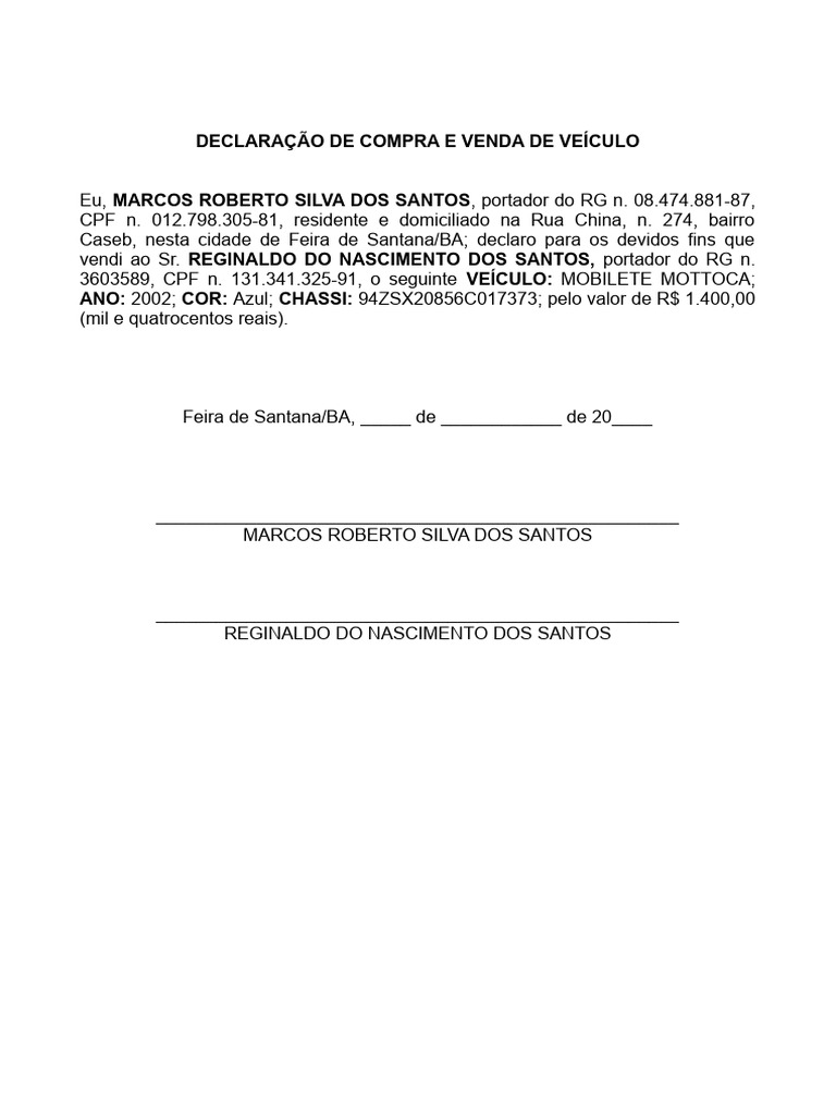 Declaração de Compra e Venda Marcos p Reginaldo | PDF