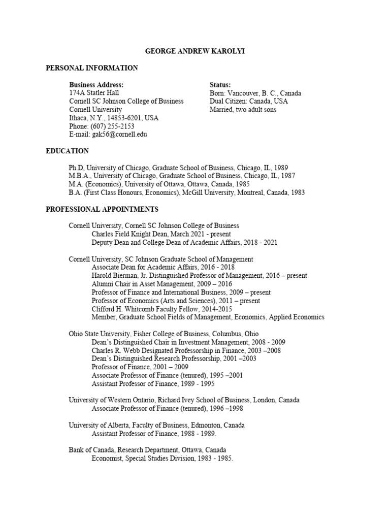 Karolyi George CV Gak56 Remed | PDF | Stocks | Financial Economics