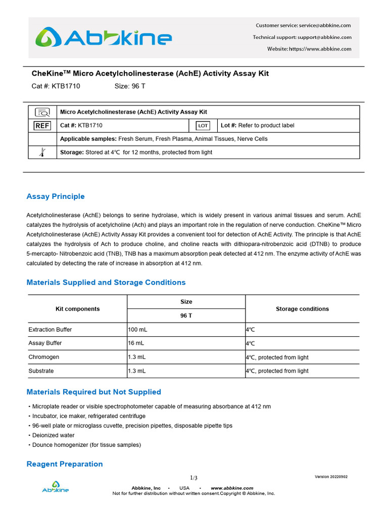 KTB1710-EN-CheKine™ Micro Acetylcholinesterase (AchE) Activity Assay Kit | PDF | Enzyme Assay ...